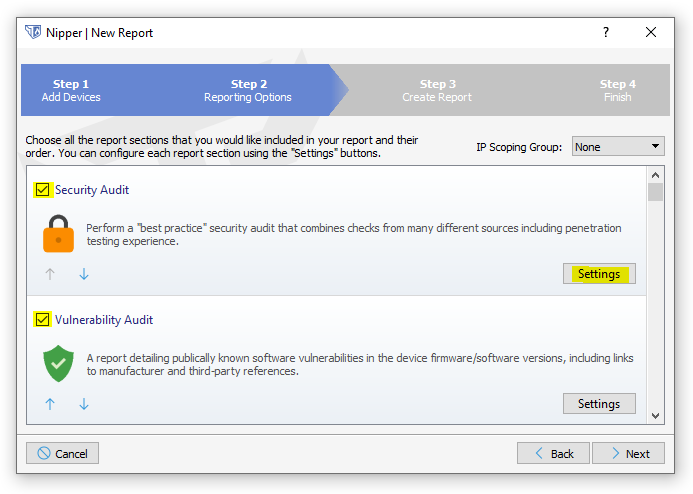 How to navigate the report options wizard in Nipper (v2)